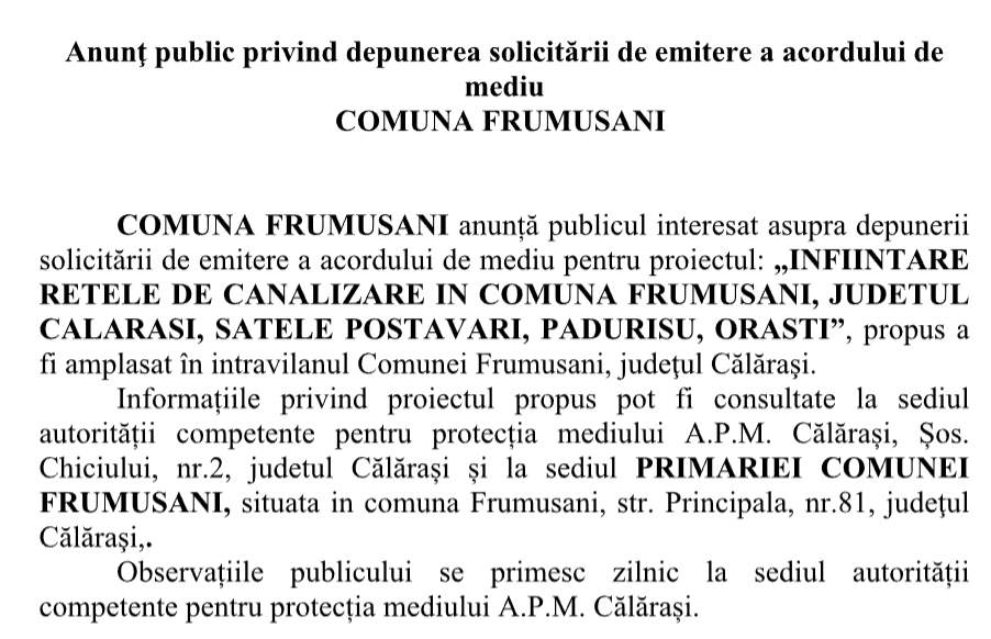 Anunţ public privind depunerea solicitării de emitere a acordului de ...